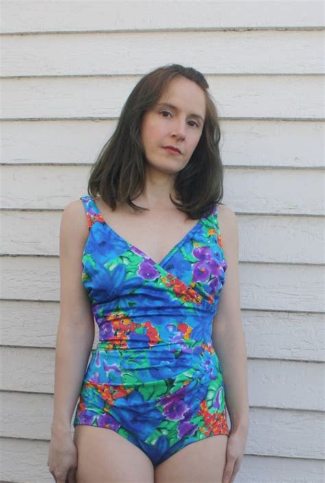 Blue Print Swimsuit Retro Bathing Suit C Cup 36 One Piece 80s Etsy