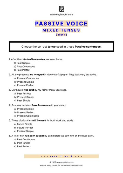 Passive Voice Mixed Tenses Test 1 ESL Worksheet