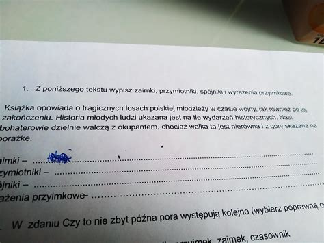 Z poniższego tekstu wypisz zaimki przymiotniki spójniki i wyrażenia