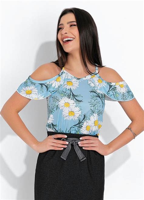 Blusa Floral Azul Babado Moda Evangélica Rosalie