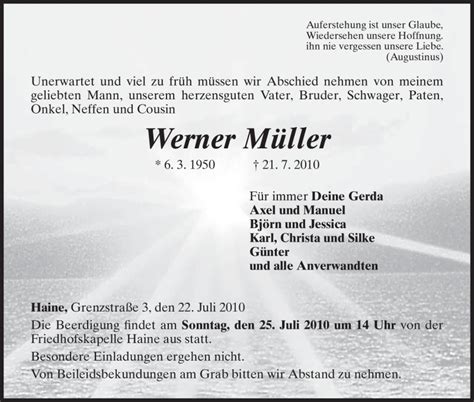 Traueranzeigen Von Werner M Ller Trauer Hna De