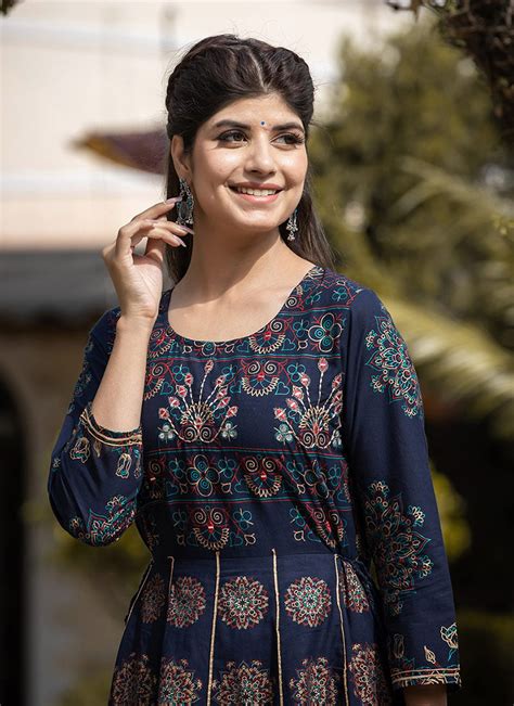 Buy Blue Cotton Printed Work Anarkali Gown After Six Wear Online At