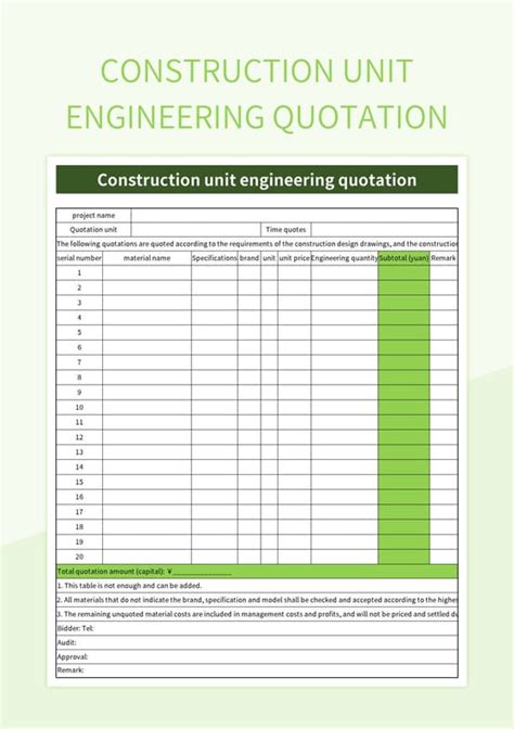Construction Unit Engineering Quotation Excel Template And Google