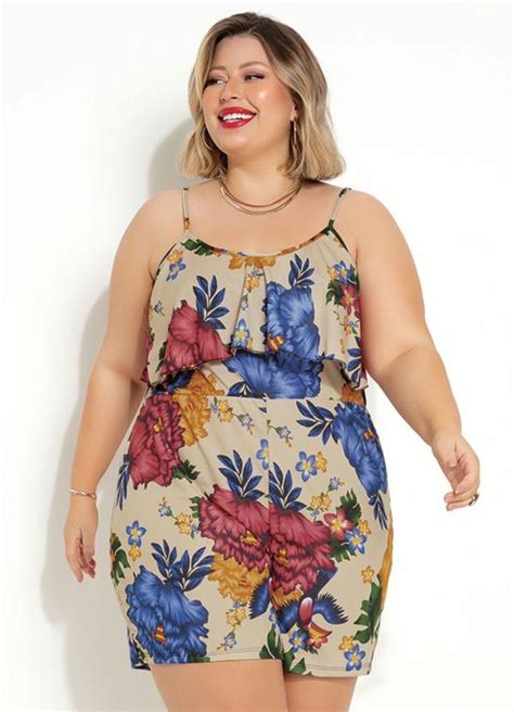 Macaquinho Floral Nude Babado Plus Size Marguerite