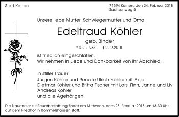 Traueranzeigen von Edeltraud Köhler ZVW Trauer