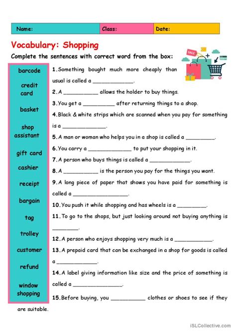 Shopping Printable English Esl Vocabulary Worksheets Off