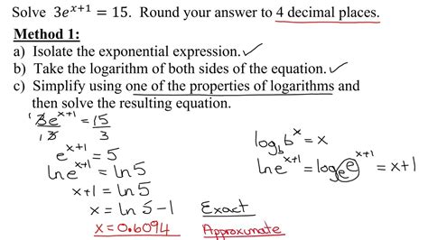 solve exponential equation using logarithms two different methods 3e x 1 15 youtube