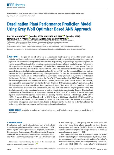 pdf desalination plant performance prediction model using grey wolf optimizer based ann approach
