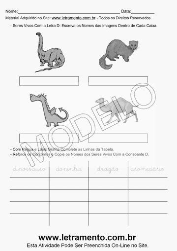 Exercício Educativo de Escrever Nomes de Animais Iniciados a