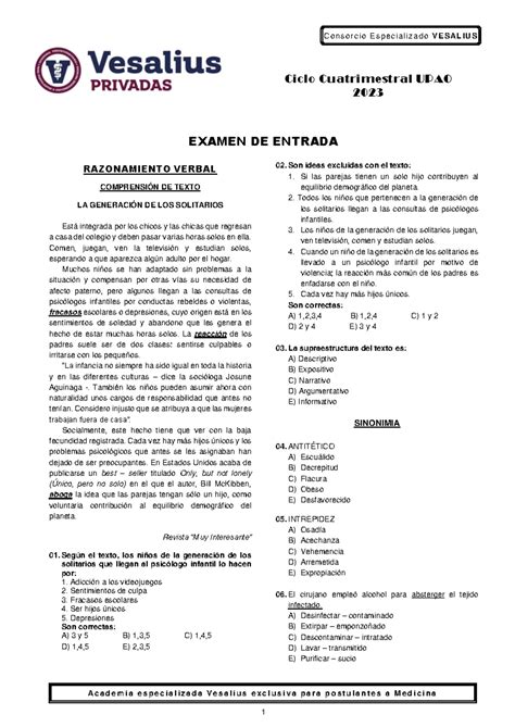 Examen DE Entrada Agosto 2023 UPAO A C A D E M I A E S P E C I A L I