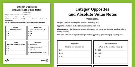 seventh grade integer opposites and absolute value notes