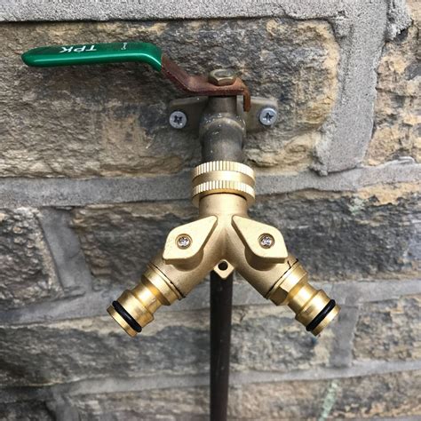 Solid Brass Way Double Dual Outside Garden Tap Adaptor Hose