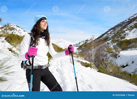 Woman Hiking In Winter Mountain Stock Photo Image Of Journey