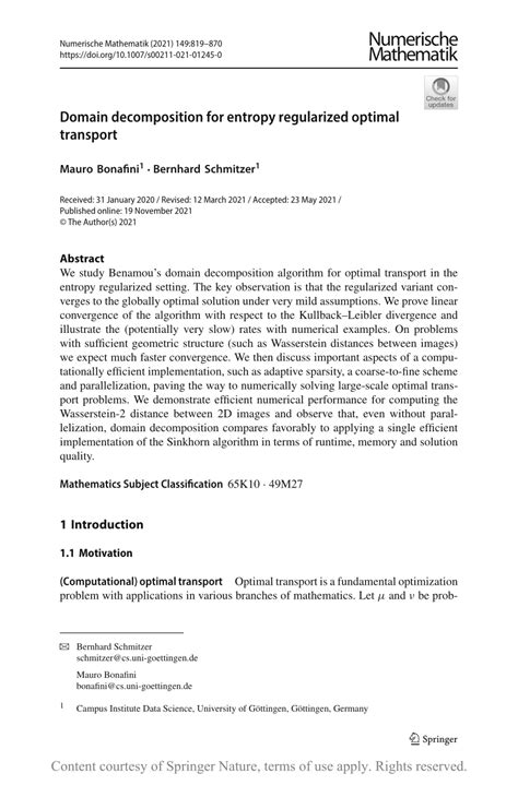 pdf domain decomposition for entropy regularized optimal transport