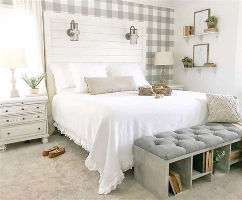 White Shiplap Headboard And Beige Checkered Wall Soul Lane