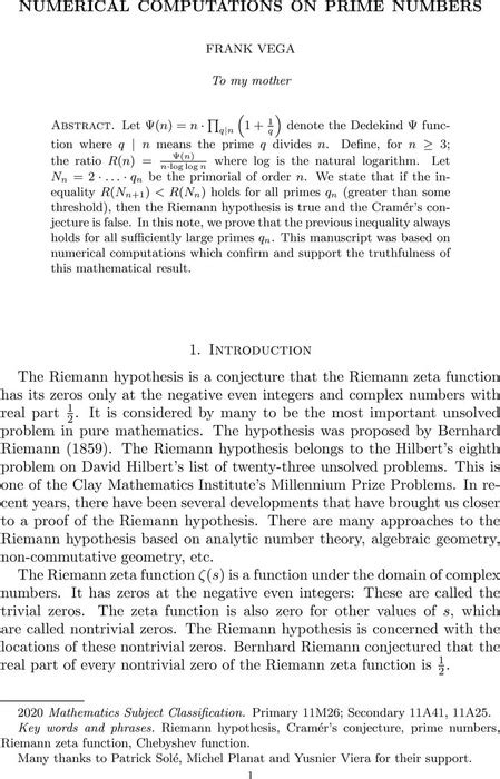 numerical computations on prime numbers mathematics cambridge open engage