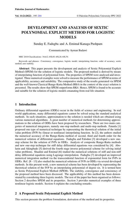 pdf development and analysis of sextic polynomial explicit method for logistic models