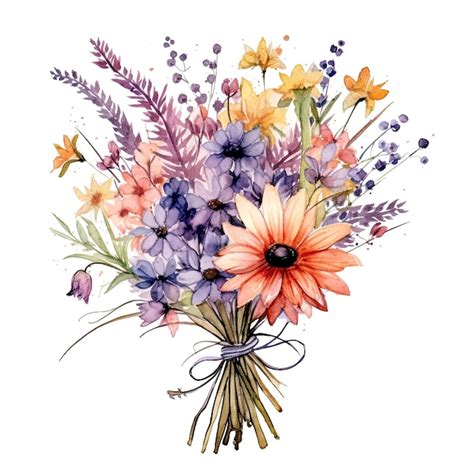 Premium AI Image Watercolor Wild Flower Bouquet Clipart White Background