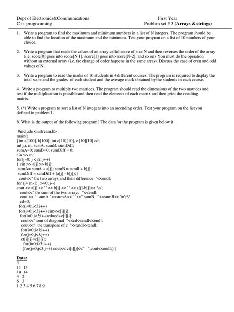 dept of electronicsandcommunications first year c programming problem set 3 arrays and strings