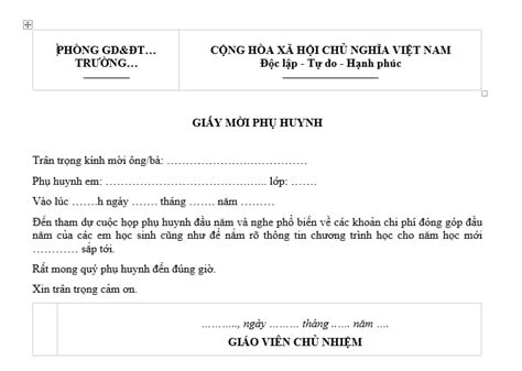 Mẫu giấy mời họp phụ huynh đầu năm học 2023 2024 thông dụng mới nhất