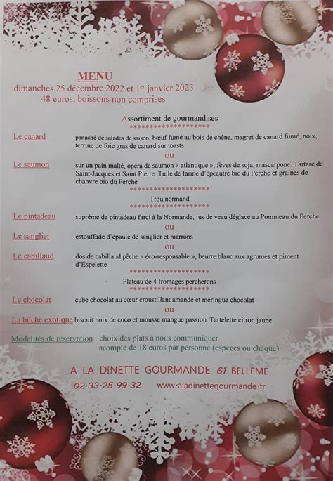 Menu des Fêtes de fin dannée 2022 2023 À la Dînette Gourmande