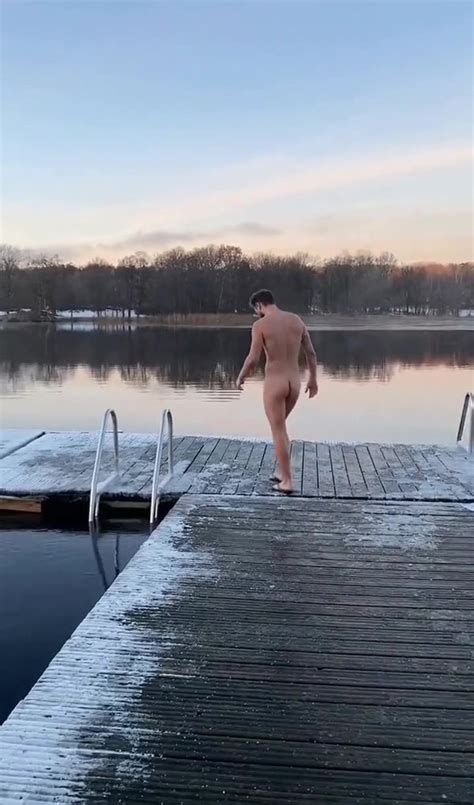 Guy Taking Naked Ice Bath After Sauna