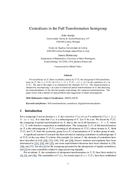 pdf centralizers in the full transformation semigroup joão paulo araújo