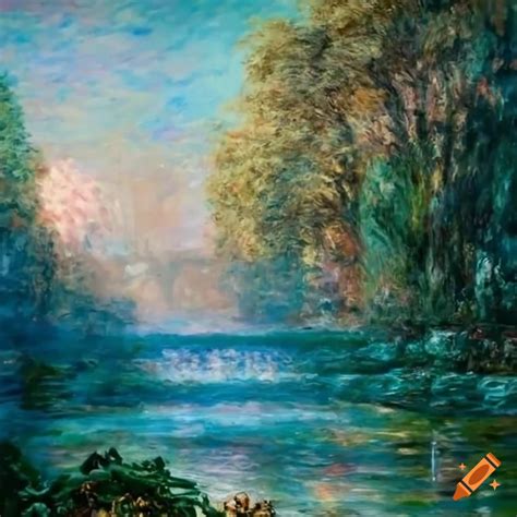 Painting Of A Victorian Garden With Angel Statues And Ponds