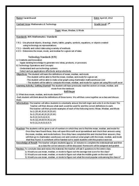 mean median mode lesson plan pdf median mode statistics