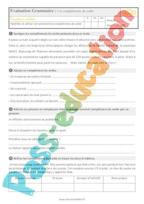 Evaluation sur les compléments du verbe avec le corrigé Bilan au CM2