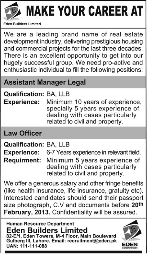 Law Officer Assistant Manager Legal Vacancies At Eden Builders