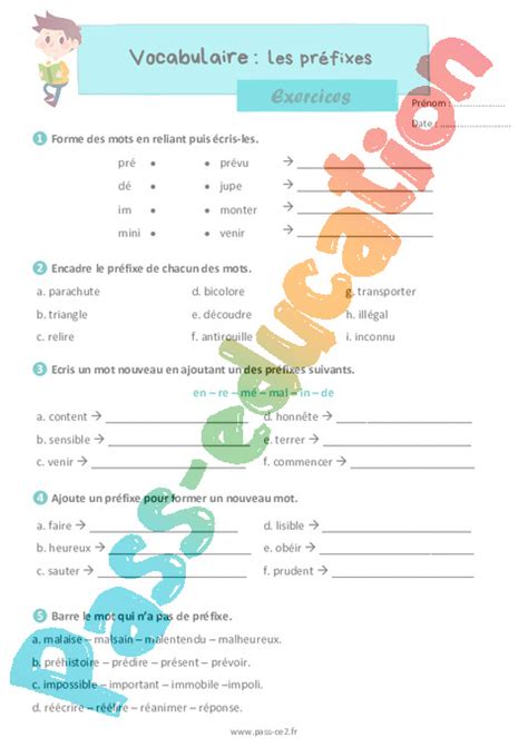 Les préfixes Exercices de vocabulaire pour le ce2 PDF à imprimer