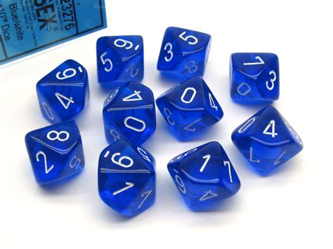 Pack Of 10 Translucent Chessex 10 Sided D10 Dice Blue With White Numbers 601982010065 Ebay