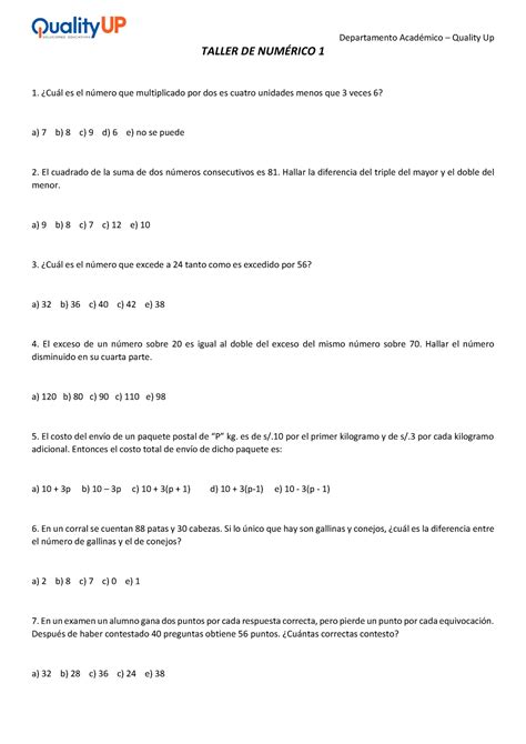 Taller DE Razonamiento 1 TALLER DE NUMÉRICO 1 Cuál es el número que