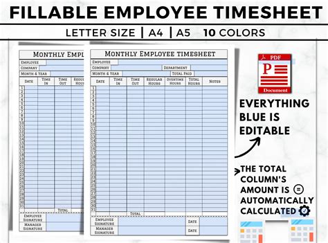 Monthly Timesheet Editable Timesheet Form Printable Etsy