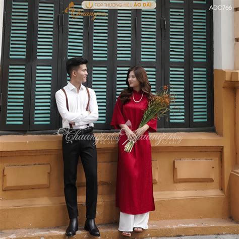 Áo Dài Cách Tân Nữ Gấm Đỏ Trung Dáng Suông Xưa Đính Nơ Chaang May Sẵn