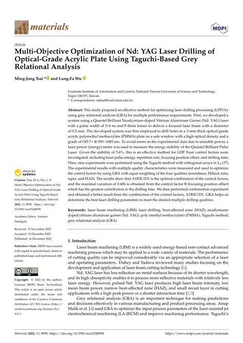 pdf multi objective optimization of nd yag laser drilling of optical grade acrylic plate
