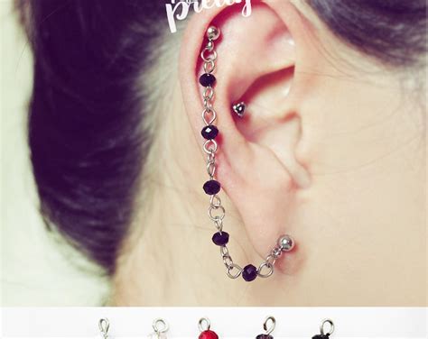 G G Helix To Lobe Feather Natural Lapis Chain Earring Etsy
