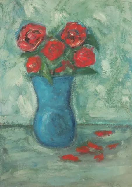 HUILE VINTAGE SIGNÉE peinture joli bouquet de roses rouges dans un vase
