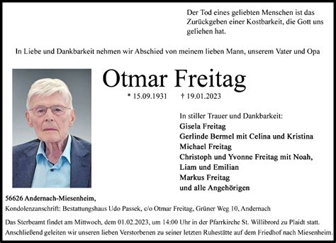Traueranzeigen Von Otmar Freitag Rz Trauer De