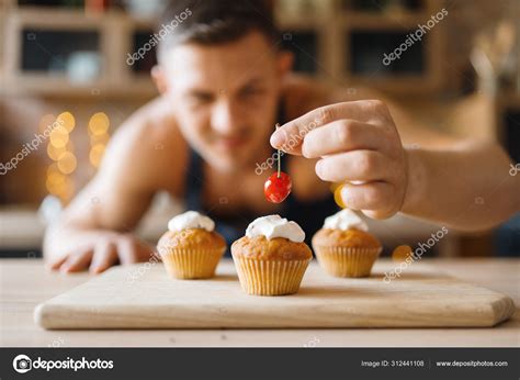 Naked Man Apron Cooking Dessert Cherry Kitchen Nude Male Person Royalty Free Photo Stock Image