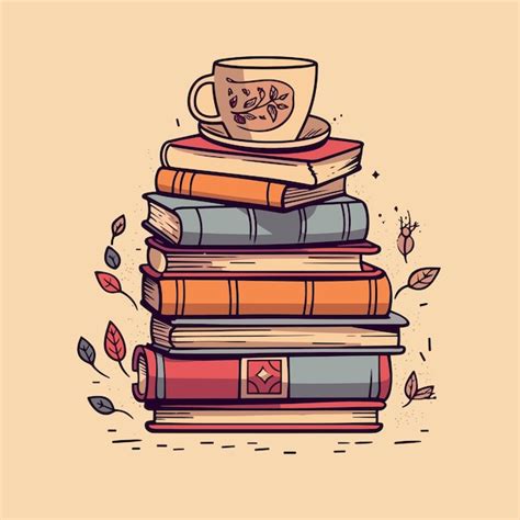 Pila de libros dibujada a mano y una taza de café para el día mundial