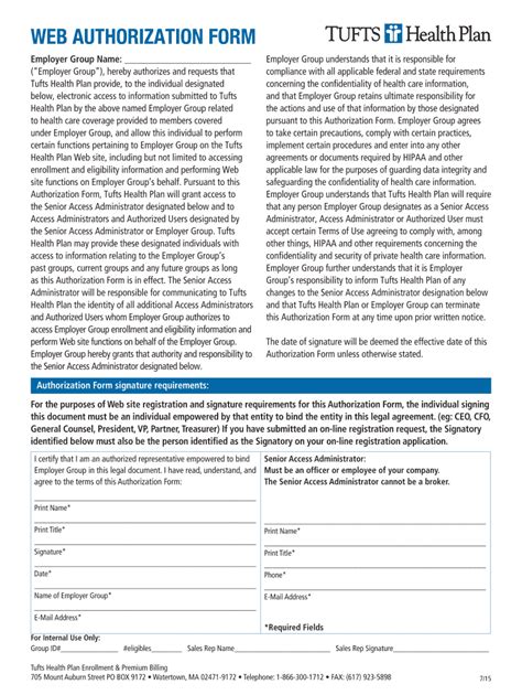 Fillable Online Tufts Healthplan Web Authorization Form Employer Group