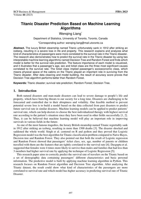 pdf titanic disaster prediction based on machine learning algorithms