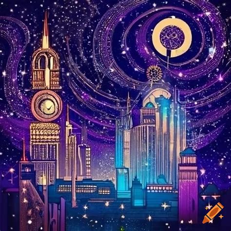 Magical Steampunk Scene With Distant City Skyline Under Starry Night