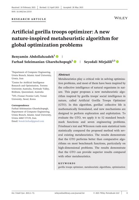 pdf artificial gorilla troops optimizer a new nature‐inspired metaheuristic algorithm for