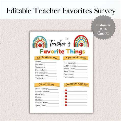 Editable Teacher Favorites Survey Meet The Teacher Questionnaire