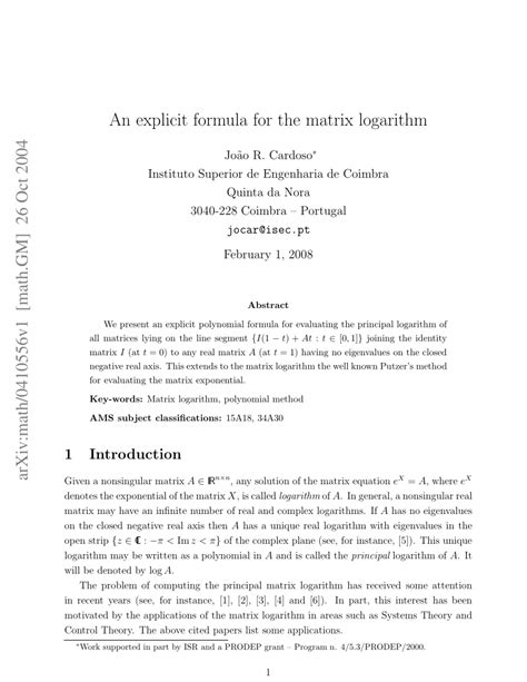 pdf an explicit formula for the matrix logarithm