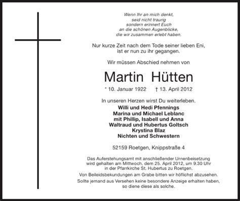 Traueranzeigen von Martin Hütten Aachen gedenkt