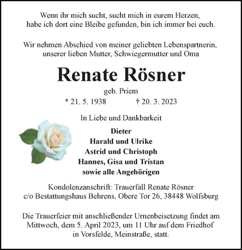 Traueranzeigen von Renate Rösner trauer anzeigen de